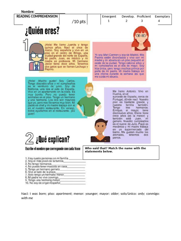 Día 12 - Reading Comprehension Quiz La Familia | PDF