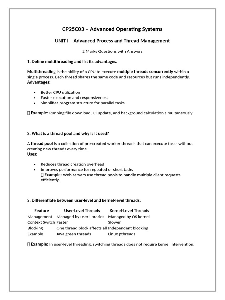CP25C03 - Advanced Operating Systems 2 Marks | PDF | Thread (Computing) | Operating System