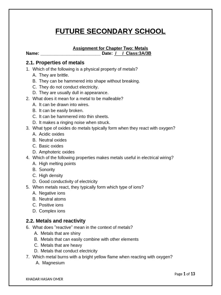Form Three, Assign, Chapter Two, Metals Fss 2024 Nov-1 | PDF | Oxide | Iron