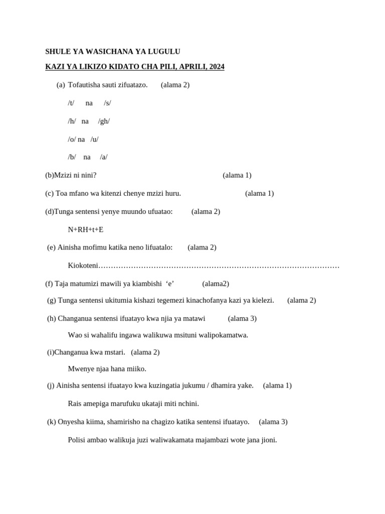 Kazi Ya Likizo Kidato Cha 2, 2024 | PDF