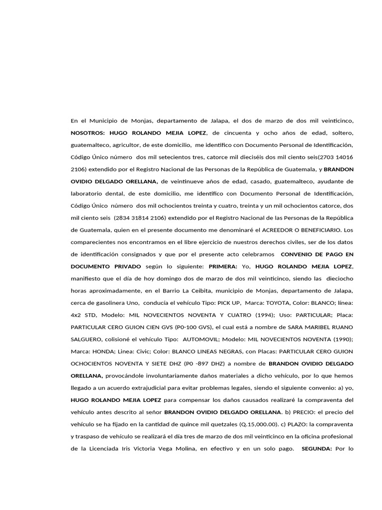 Compromiso de Pago Por Accidente Hugo Mejia y Brandon Delgado Gaso Uno ...