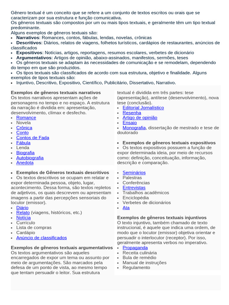 Tipos e Exemplos de Gêneros Textuais | PDF