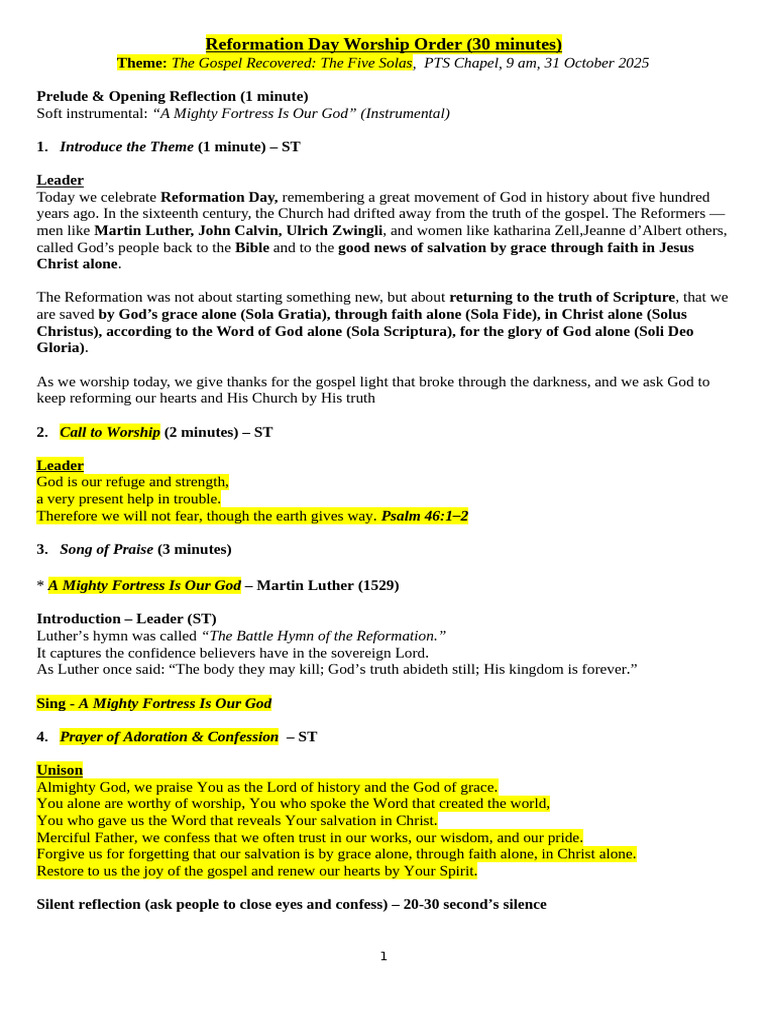 Reformation Day Worship Order 31 Oct 2025 | PDF | Sola Fide | Grace In ...