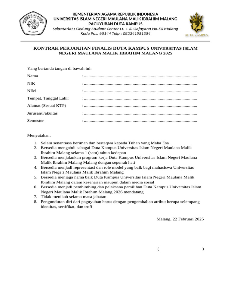 Kontrak Perjanjian Finalis Duta Kampus Universitas Islam Negeri Maulana Malik Ibrahim Malang 2 | PDF