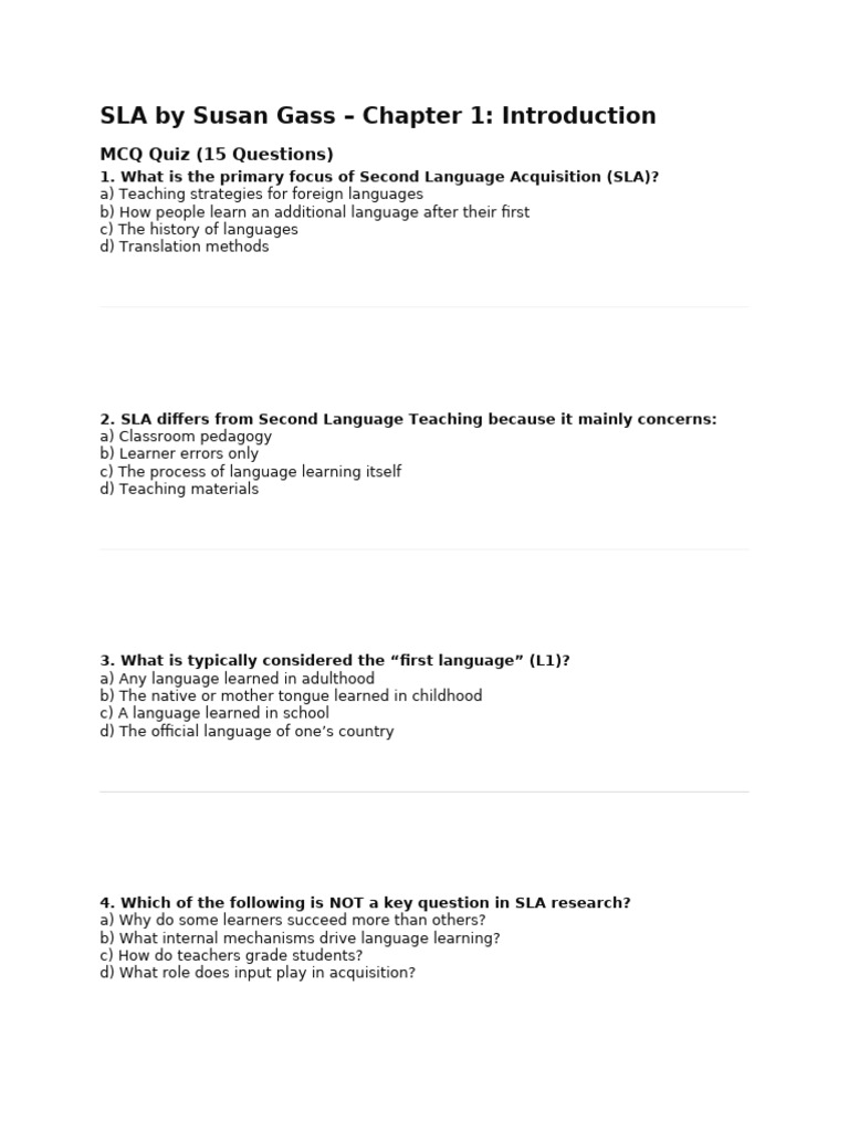 Quiz Sla Student CH 1 Gass | PDF | Second Language Acquisition | Second ...