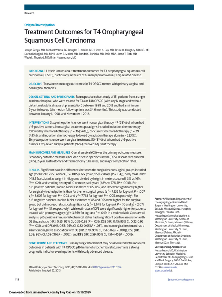Treatment Outcomes For T4 Oropharyngeal | PDF | Therapy | Neoplasms
