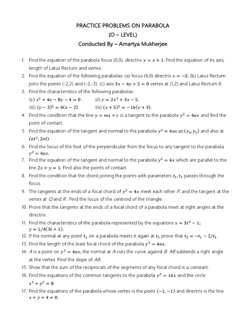 Parabola and Ellipse Practice Problems | PDF | Ellipse | Perpendicular