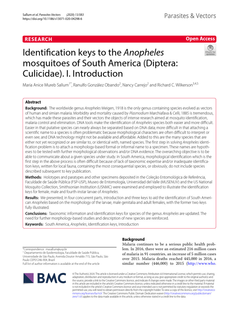 Identification Keys for Anopheles Mosquitoes | PDF