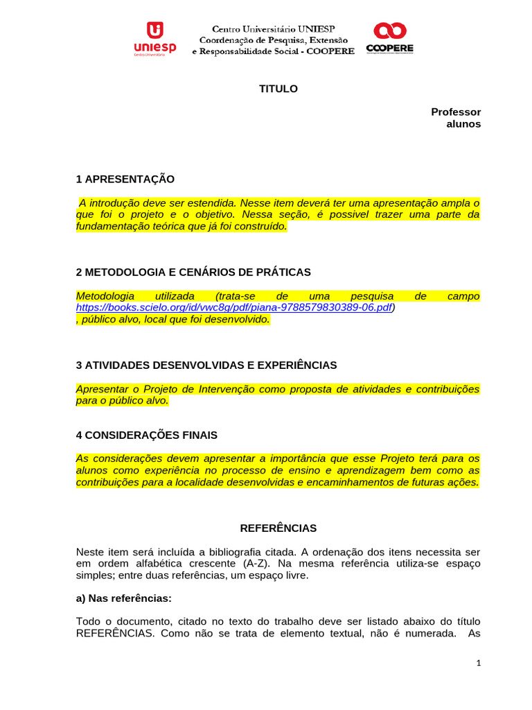 Modelo Relato de Experiência-Projeto - N2 | PDF