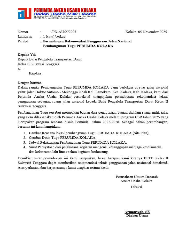 Permohonan Rekomendasi Jalan Nasional Kolaka | PDF