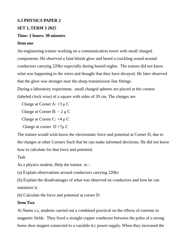 s.5 Physics 2 Set 1 Term 3 by TR Paul | PDF | Capacitor | Refraction
