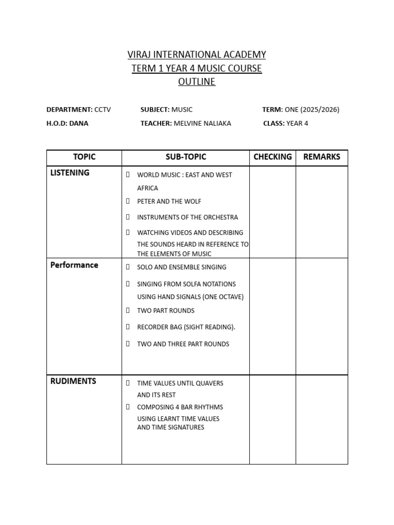 Year 4 Term 1 2024-25 Music Course Outline | PDF