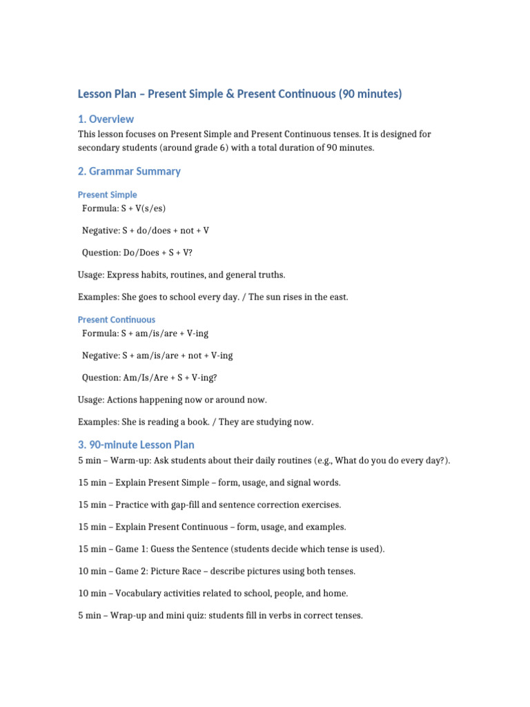 Present Tenses Lesson Plan 10words | PDF