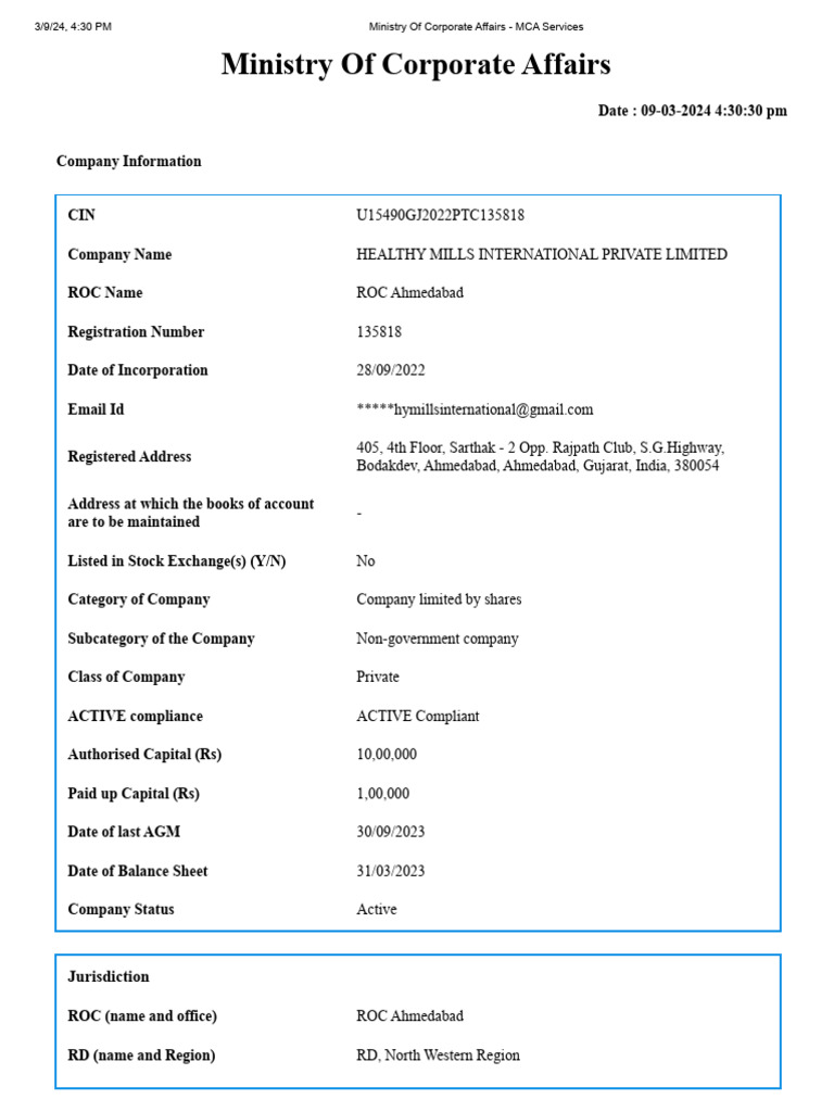 Health - Ministry of Corporate Affairs - MCA Services | PDF