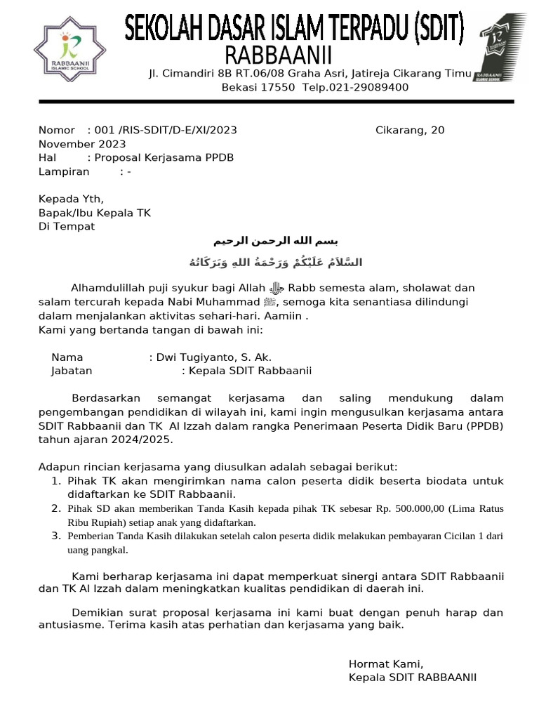 Proposal Kerjasama PPDB SDIT Rabbaanii | PDF