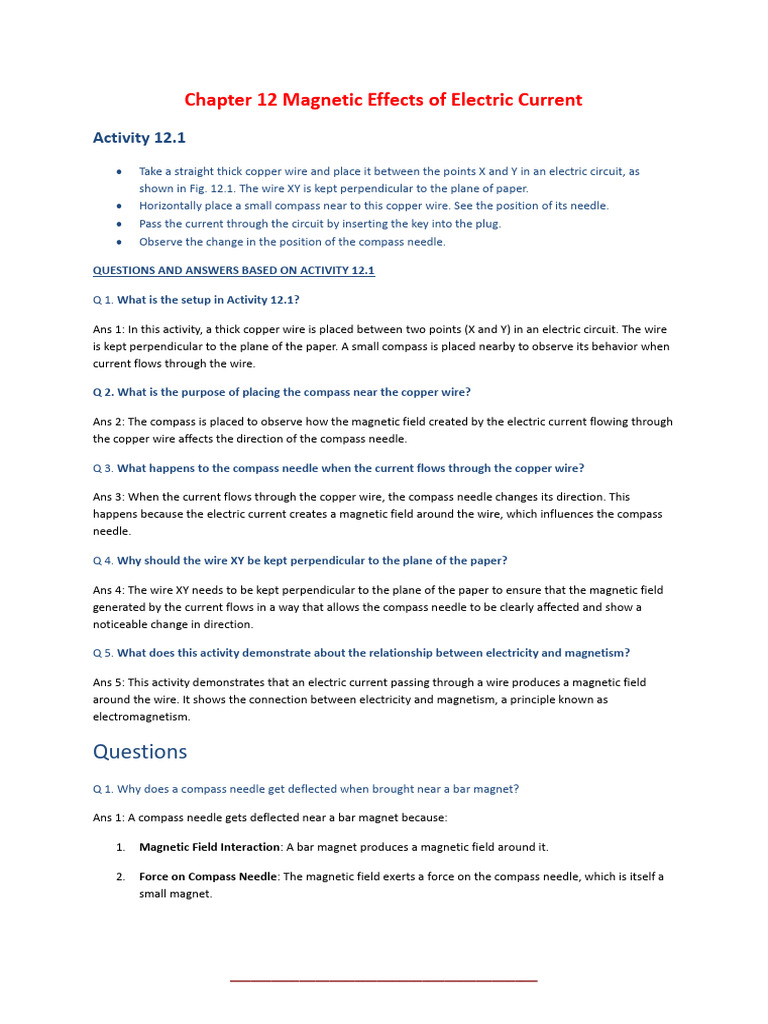 Magnetic Effects of Electric Current Activities | PDF | Magnetic Field ...