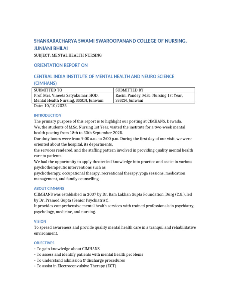 Orientation Report CIMHANS Final | PDF | Psychiatry | Mental Health
