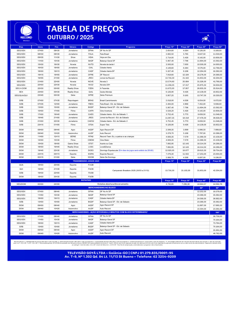 Tabela de Preços de Programas de TV | PDF | Entretenimento