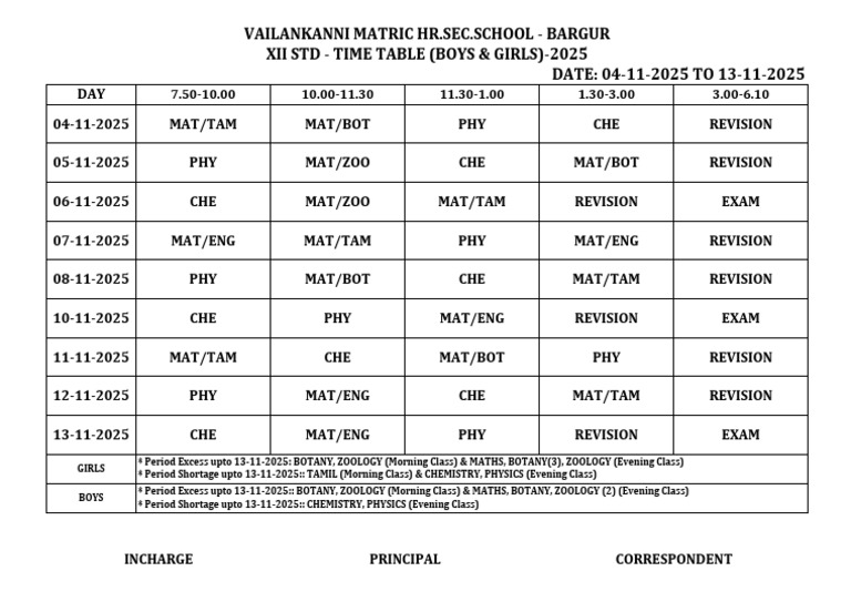 XII Std Time Table Nov 2025 - Vailankanni | PDF