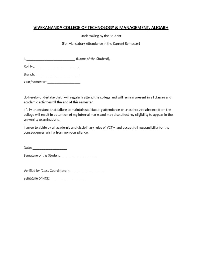 VCTM Student Attendance Undertaking Form | PDF