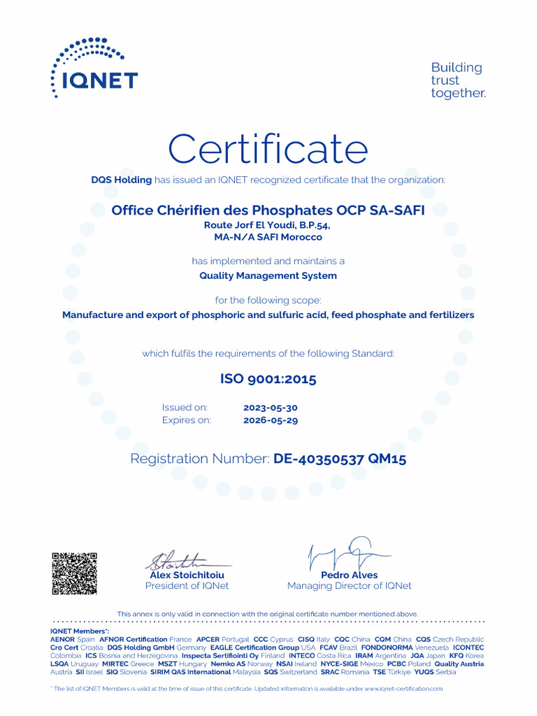 ISO 9001:2015 Certificate for OCP SA | PDF