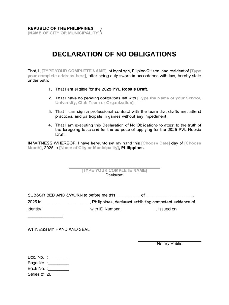 Declaration of No Pending Obligations (PVL Draft) | PDF