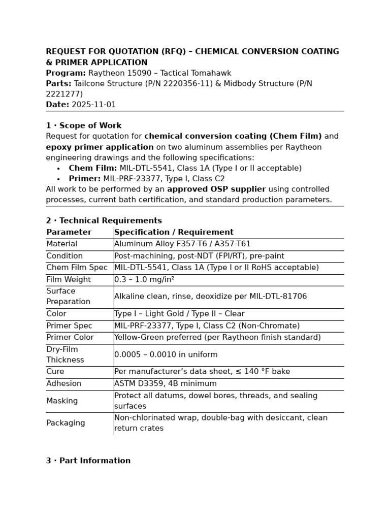Request For Quotation (RFQ) - Chemical Conversion Coating & Primer Application - Tomahawk | PDF ...