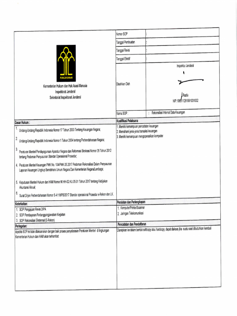 SOP Rekonsiliasi Internal Data Keuangan | PDF