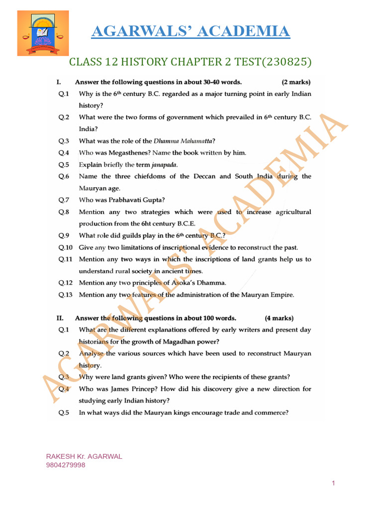 Class 12 History Chapter 2 Test | PDF