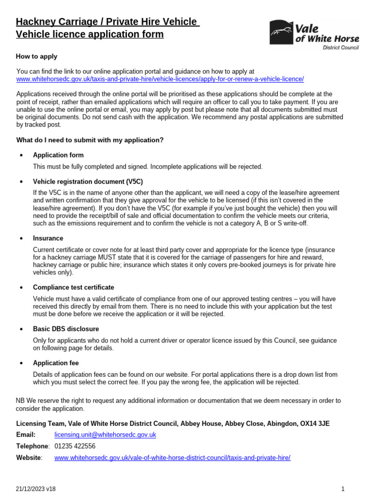 Application Form and Guidance Notes For HC PH Vehicles Vale Dec 2023 ...