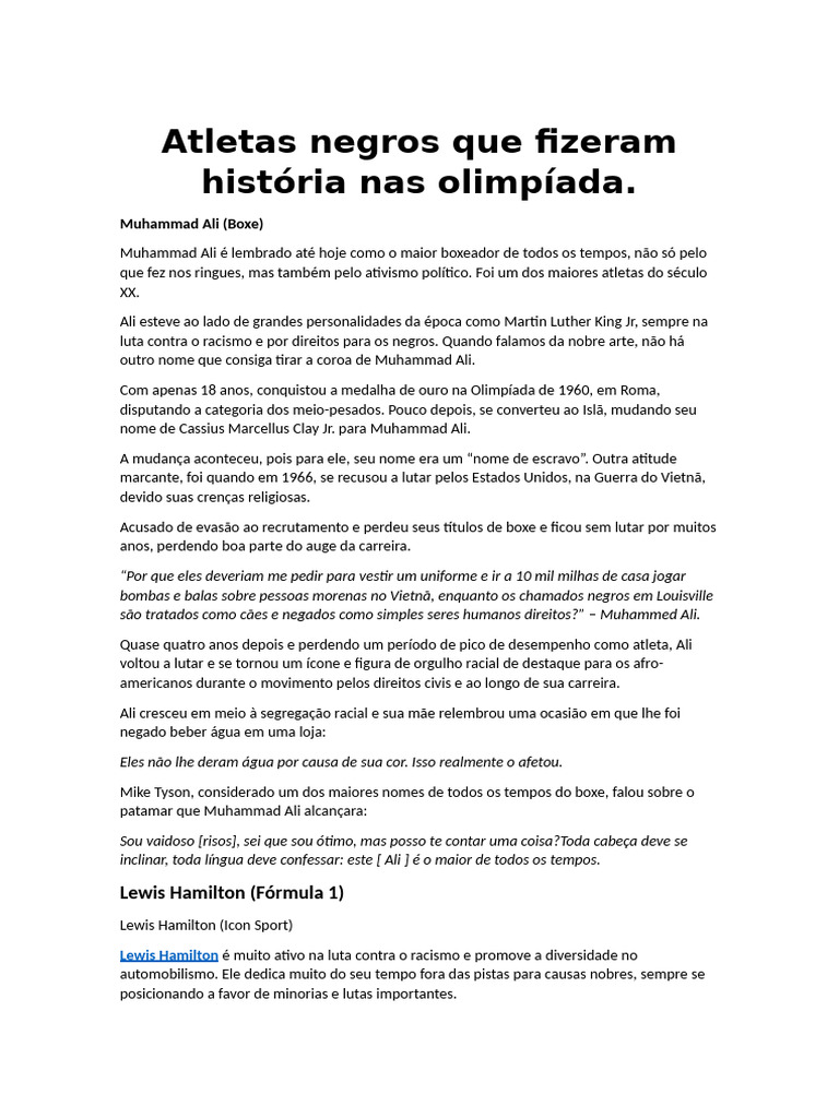 Atletas negros que fizeram história nas olimpíada | PDF | Muhammad Ali Jinnah | Fórmula Um