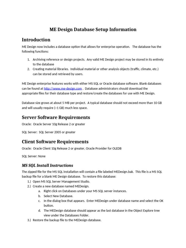 ME Design Database Setup Guide | PDF | Databases | Microsoft Sql Server