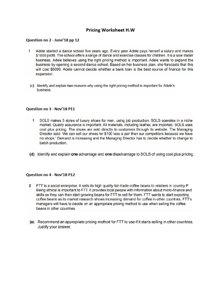 Pricing Worksheet H | PDF