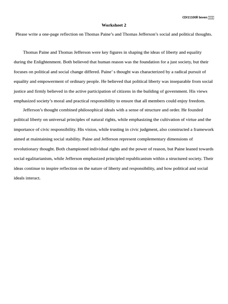Worksheet 2 Personal Reflection On Thomas Paine and Thomas Jefferson | PDF