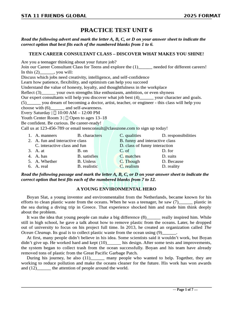 STA 11 Friends Global - Practice Test Unit 6 - 2025 Format | PDF ...