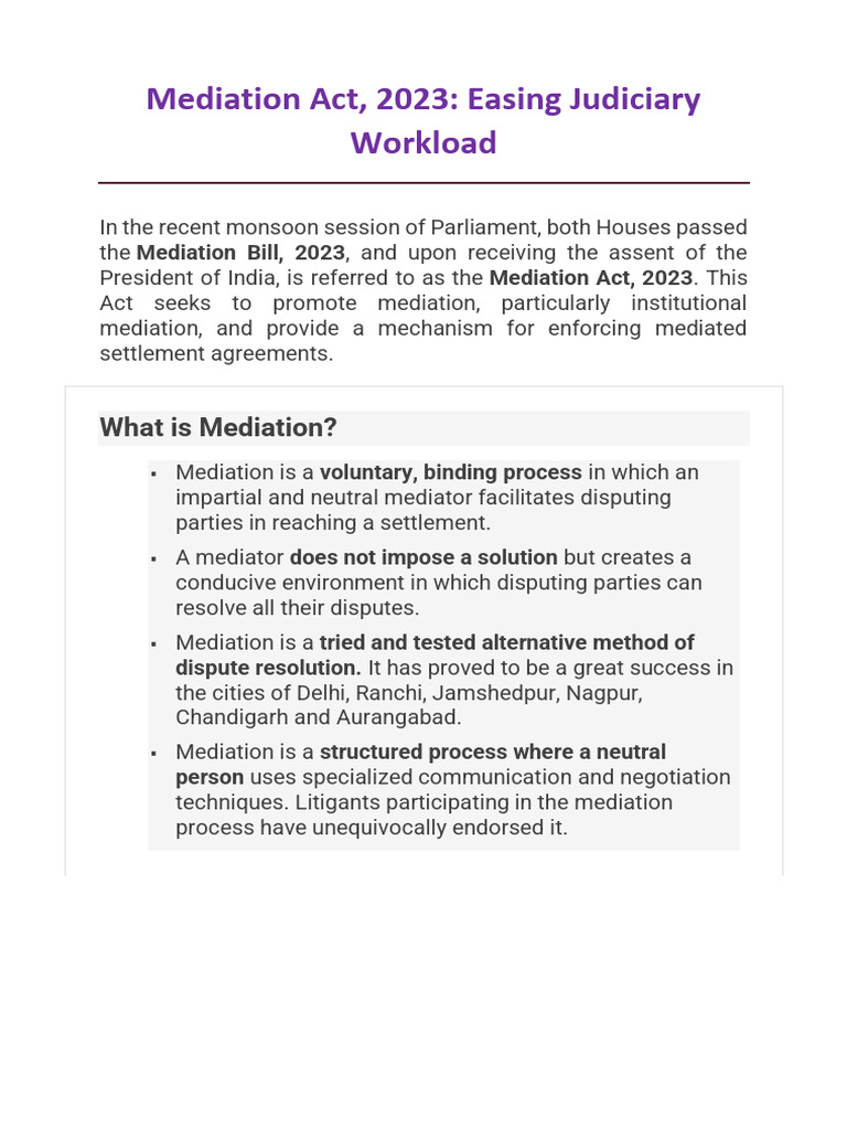 Mediation Act 2023: Key Features & Impact | PDF | Mediation | Arbitration