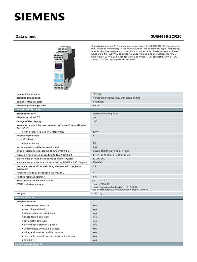 Siemens 3UG4616-2CR20 Relay Data Sheet | PDF | Relay | Alternating Current