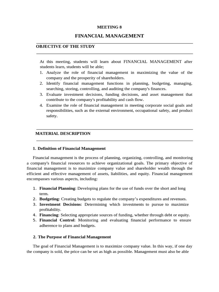Financial Management Meeting Overview | PDF | Subject (Grammar) | Budget