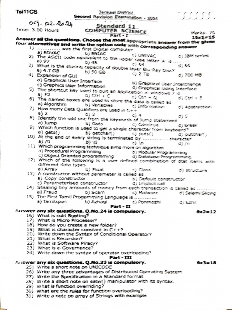 11th Computer Science EM 2nd Revision Exam 2024 Question Paper Thenkasi District English Medium ...
