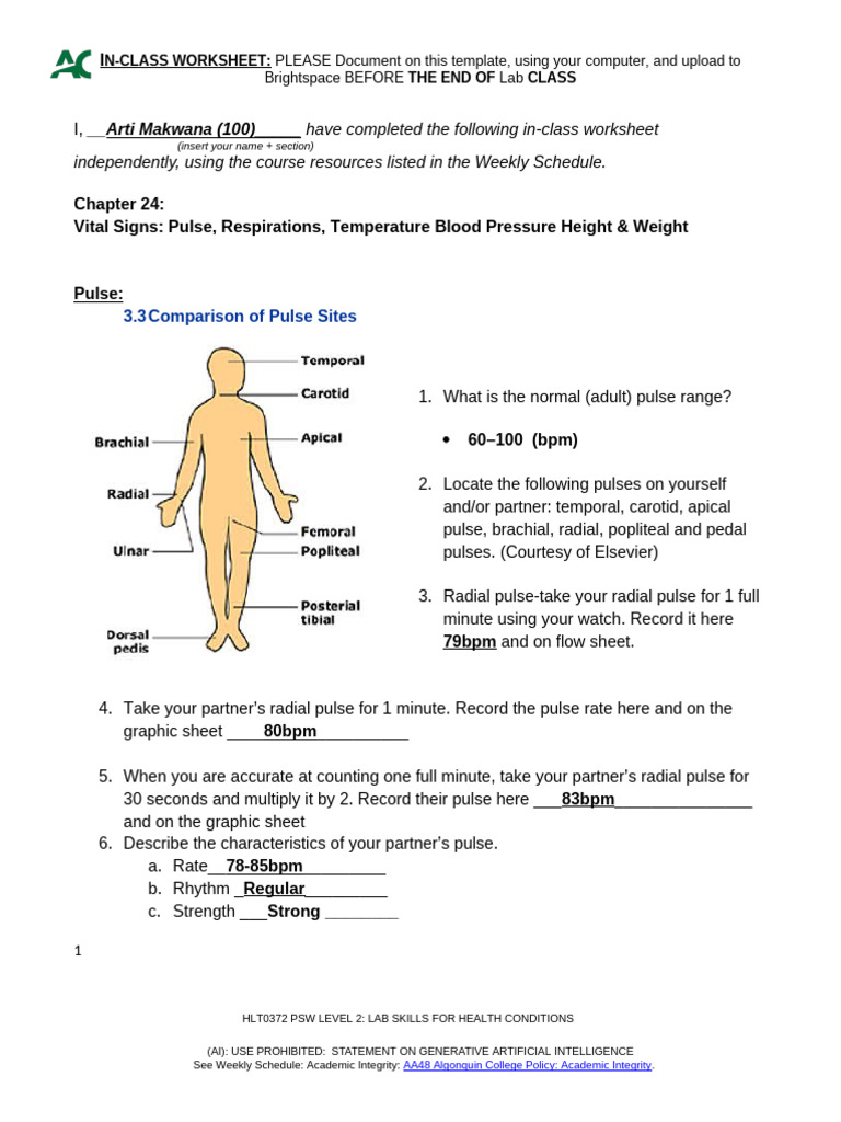 In Class- Assignment 1 | PDF | Pulse | Physiology