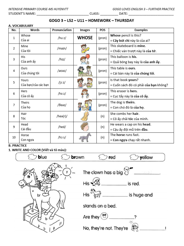 Gogo 3 - l52 - U11 - Homework - Thursday | PDF