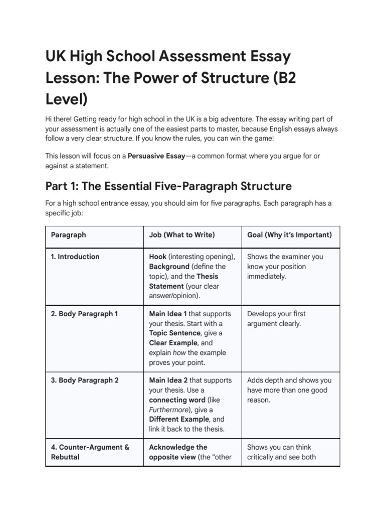 UK High School Assessment Essay Lesson - The Power of Structure (B2 ...