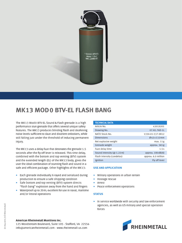 MK13 Mod0 BTV-EL Flash Bang Overview | PDF | Fuze | Projectiles
