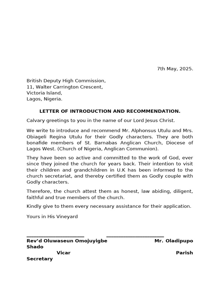 Utulu and Wife Letter of Introduction and Attestatoin | PDF