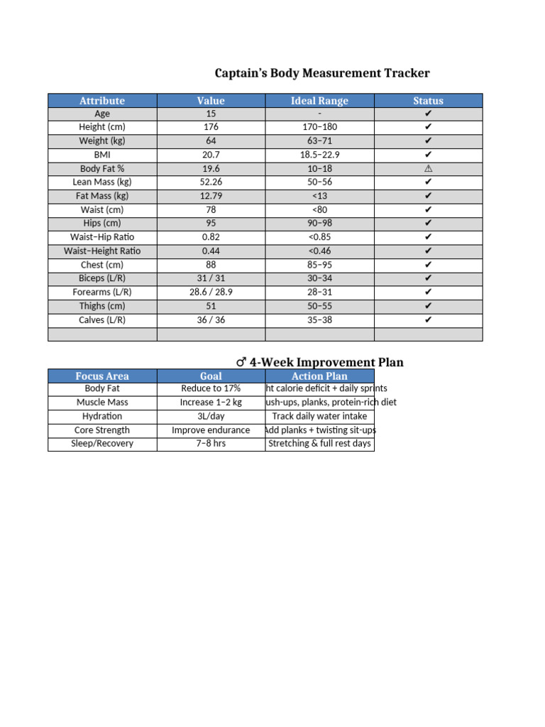 Captain's Body Measurement Tracker | PDF