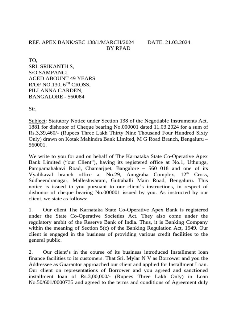 138 Notice Inst Loan To Guarantor (Kar Co. Apex Bank Vs Srikanth) 19.3. ...