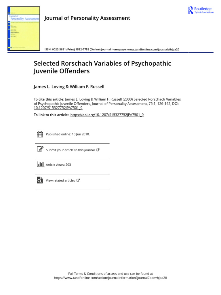 Selected Rorschach Variables of Psychopathic Juvenile Offenders (1) | PDF | Psychopathy ...