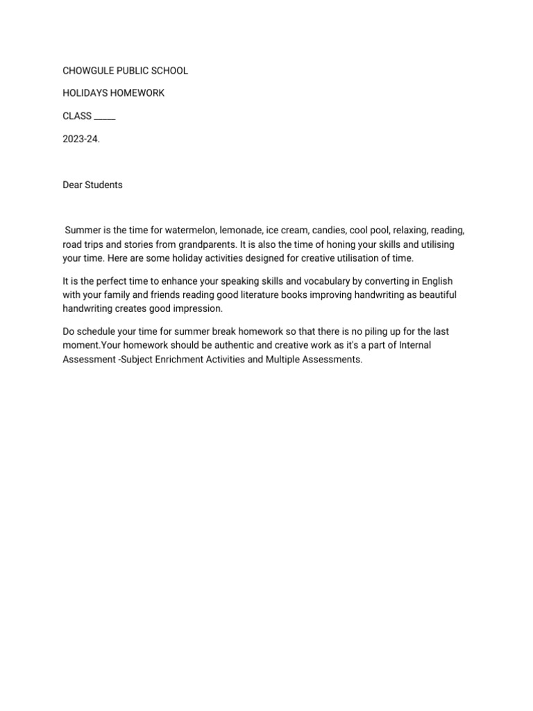 Holidays Homework | PDF