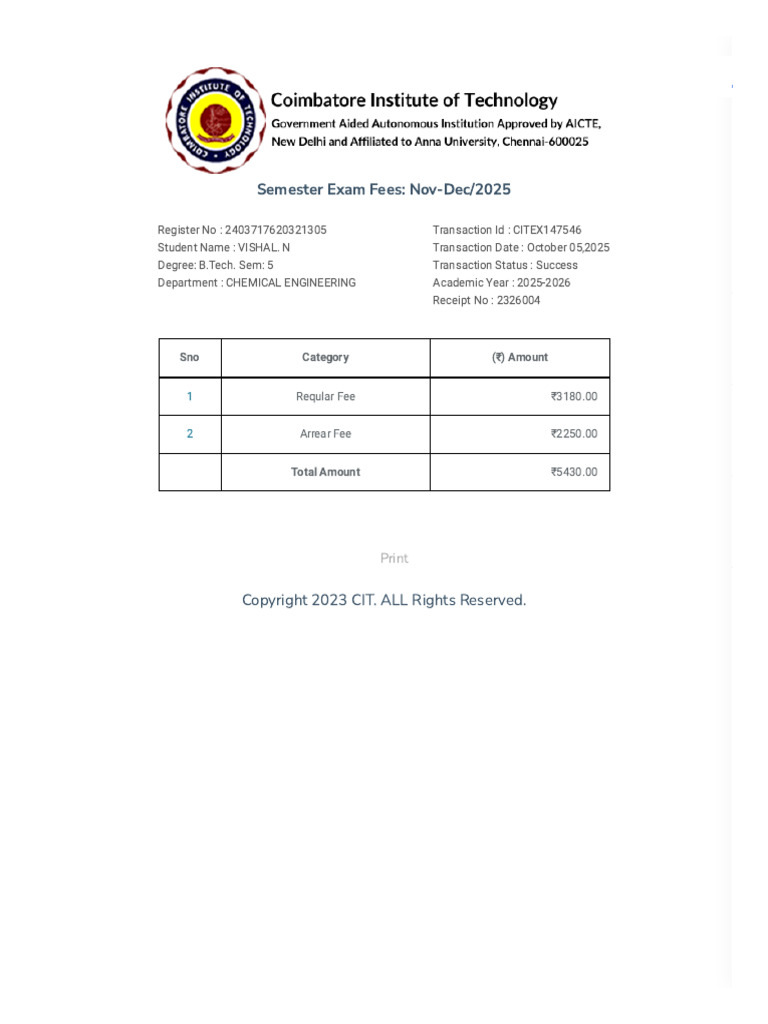 B.Tech Chemical Engineering Fee Receipt | PDF