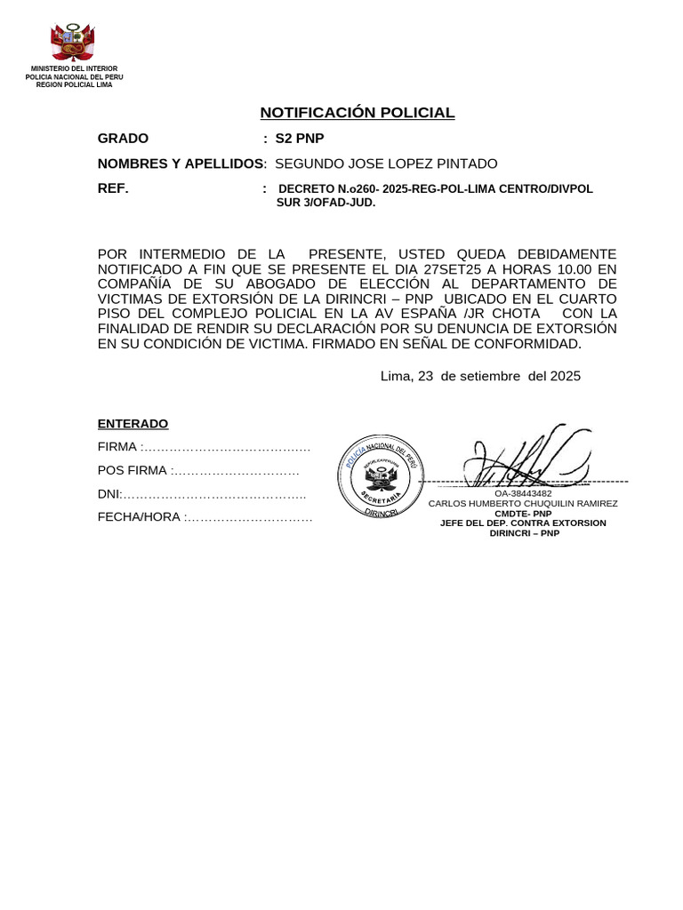 Notificación Policial Miguel Pahuacho | PDF